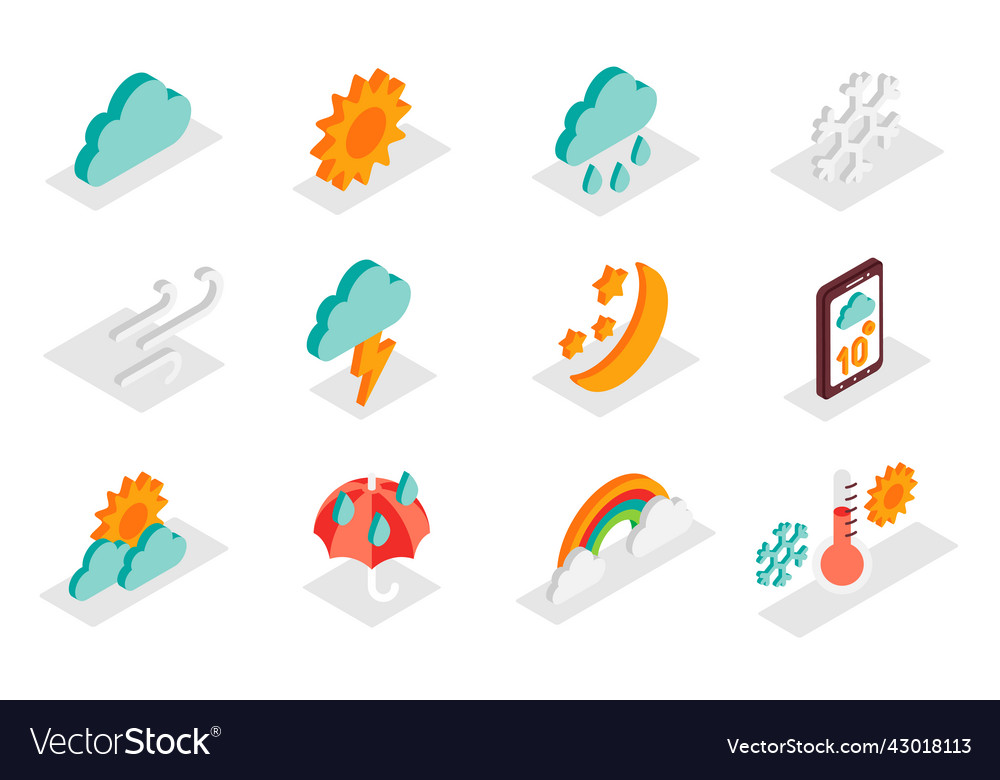 Weather Forecast Concept 3d Isometric Icons Set Vector Image