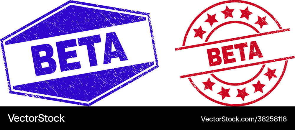Beta grunged badges in circle and hexagon forms Vector Image