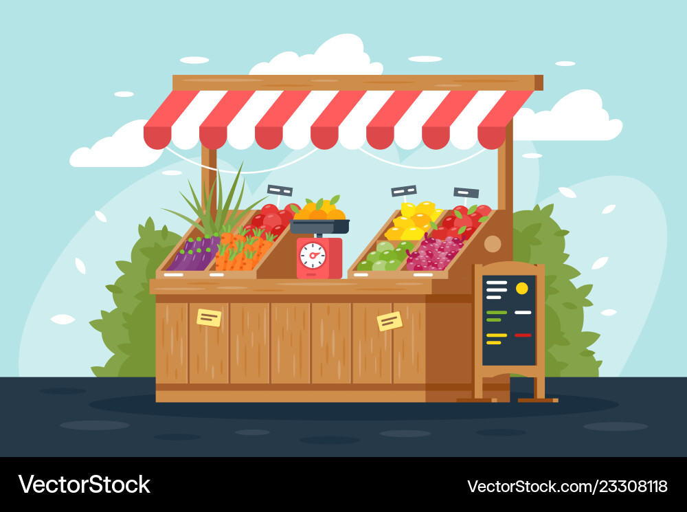 Flat street vegetable and fruit stall with menu Vector Image
