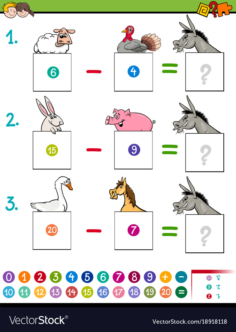 Maths subtraction game with farm animals Vector Image