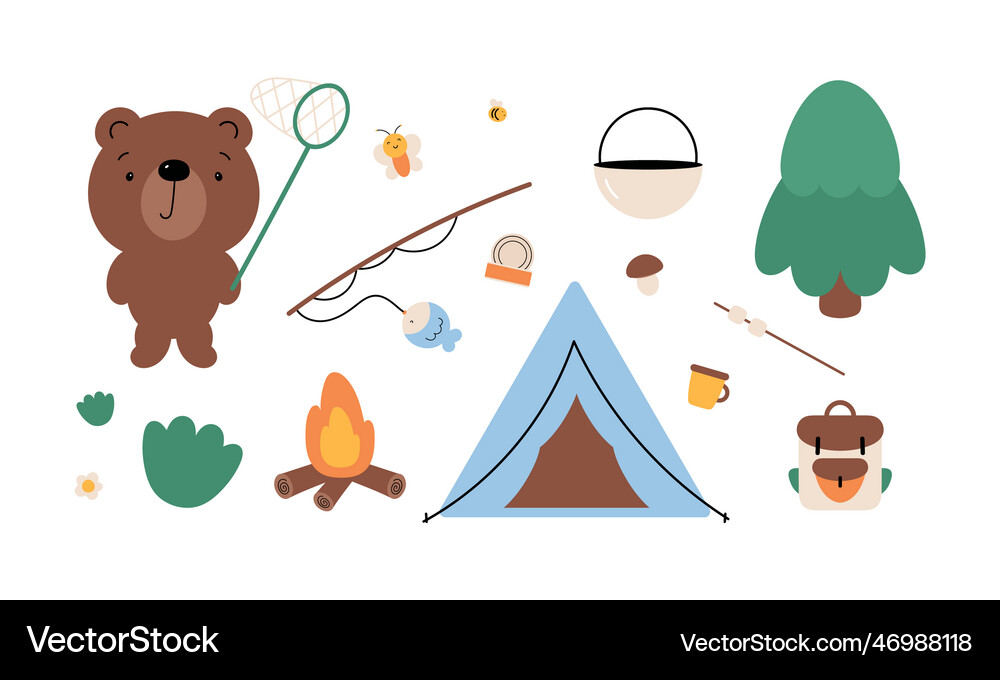 Set of camping elements and cute bear Royalty Free Vector