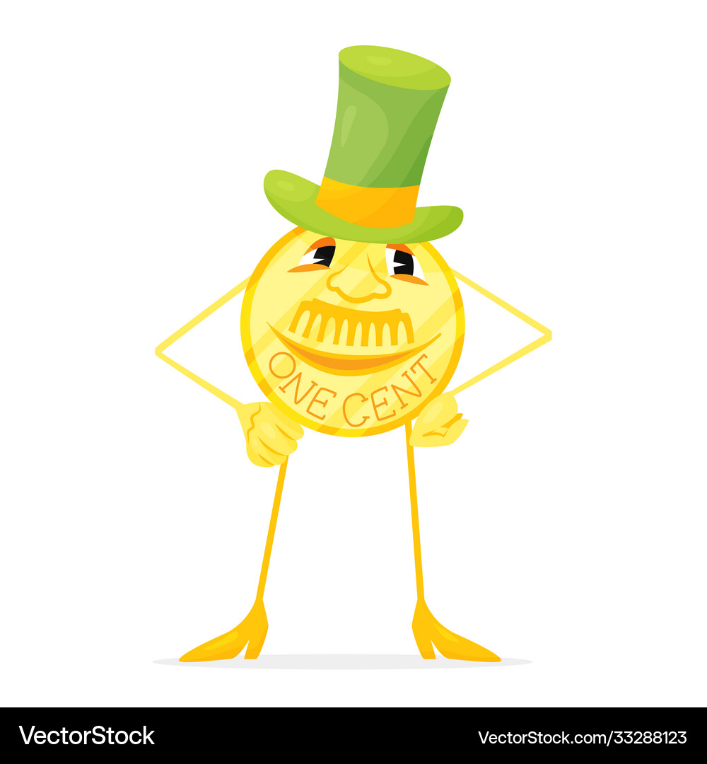 Funny cartoon golden one cent with hat Royalty Free Vector