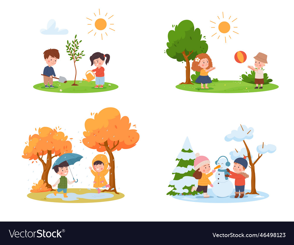 Kids game activity in four seasons of year flat Vector Image
