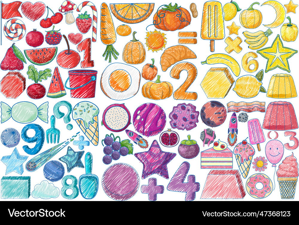 Set of various objects in pencil colour sketch Vector Image