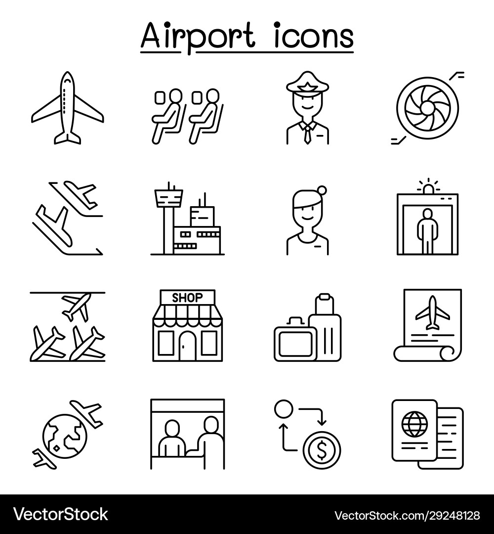 Airport icon set in thin line style Royalty Free Vector