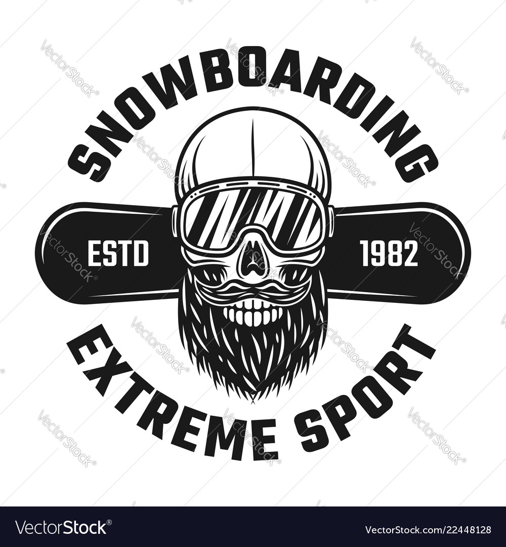 Bearded skull of snowboarder in ski glasses emblem
