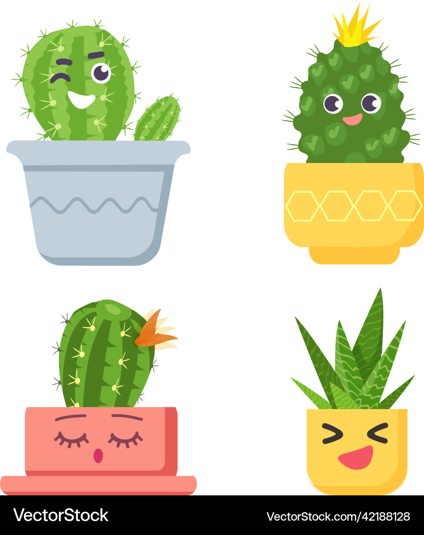 Cute cactus with faces collection succulent plant Vector Image