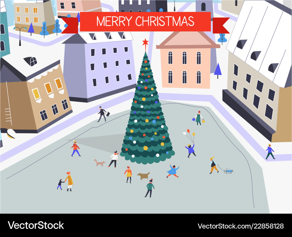 Merry christmas people walking along main square Vector Image