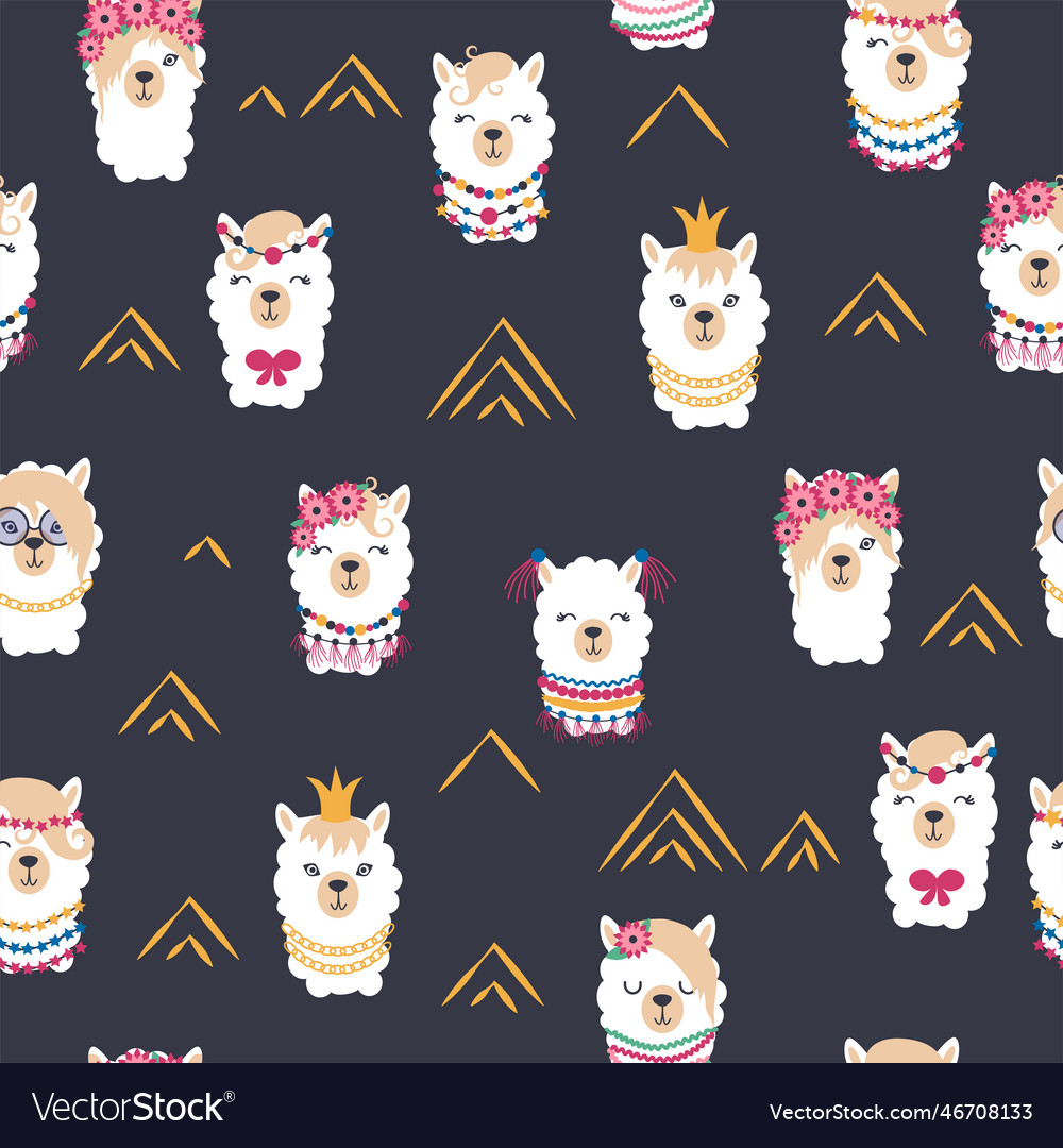 Seamless pattern with llama alpaca faces cute Vector Image