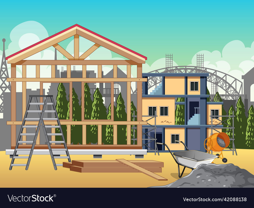 Building construction site scene Royalty Free Vector Image Building construction site scene Royalty Free Vector Image