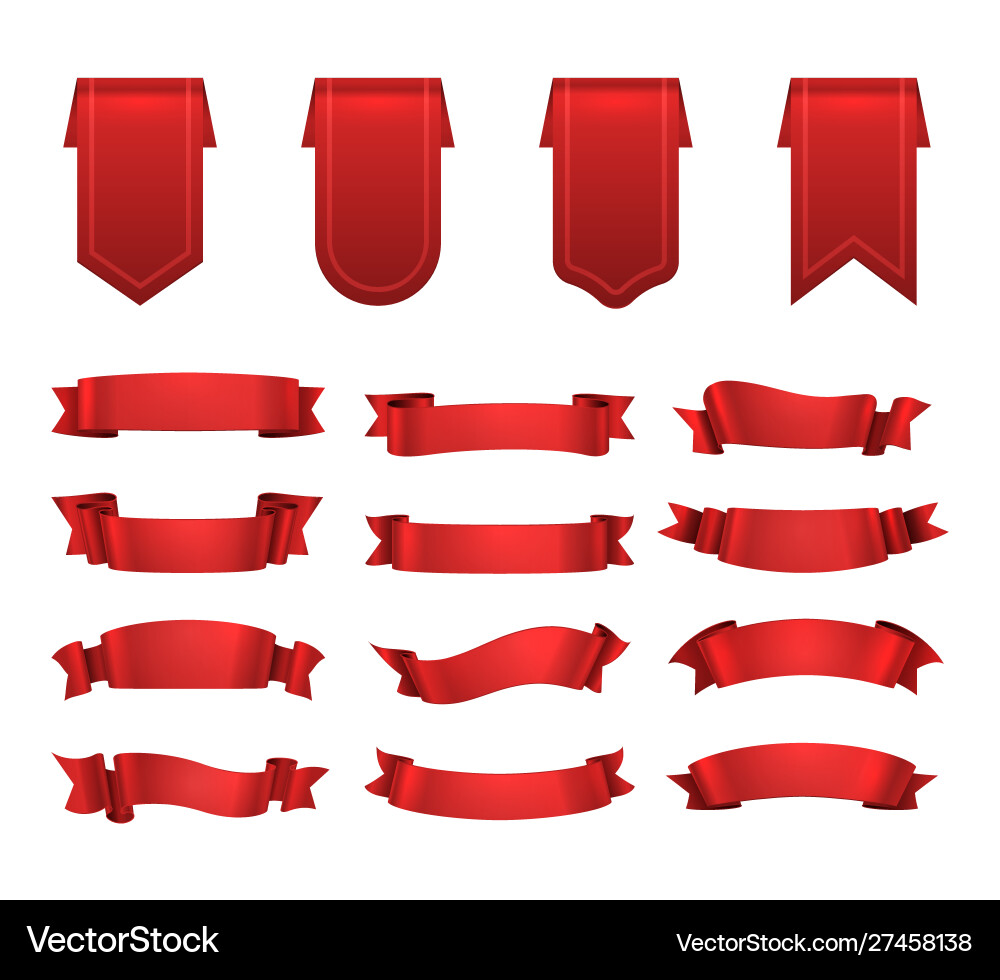 Red ribbons label set shiny decorative wave Vector Image