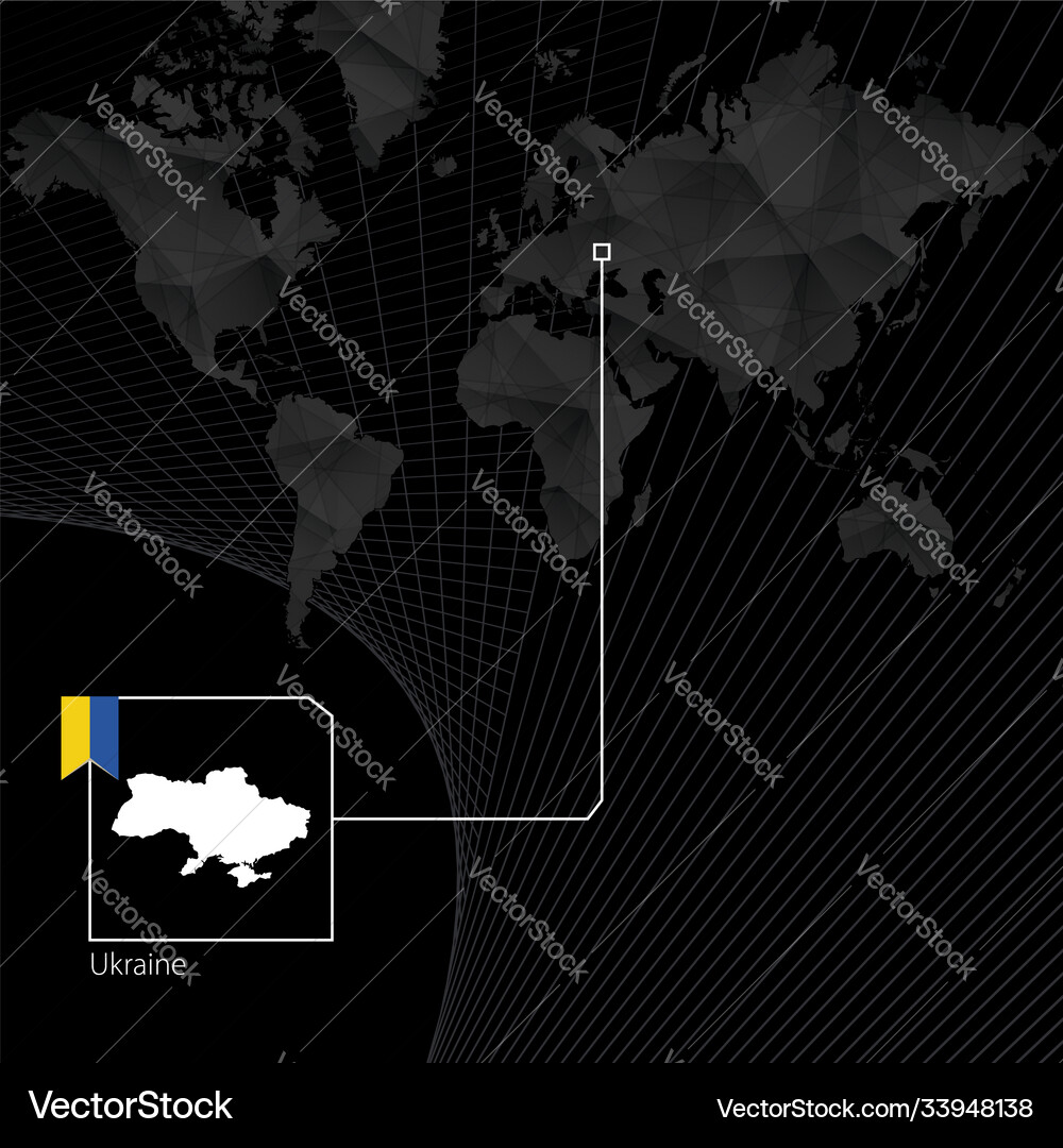Ukraine on black world map map and flag Royalty Free Vector