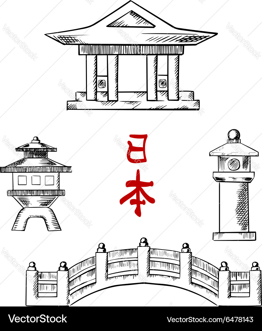 Japanese bridge temple and stone lanterns Vector Image