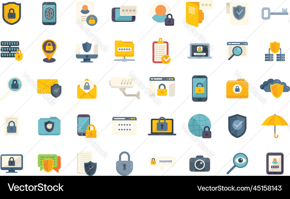 Privacy icons set flat eye fingerprint Royalty Free Vector
