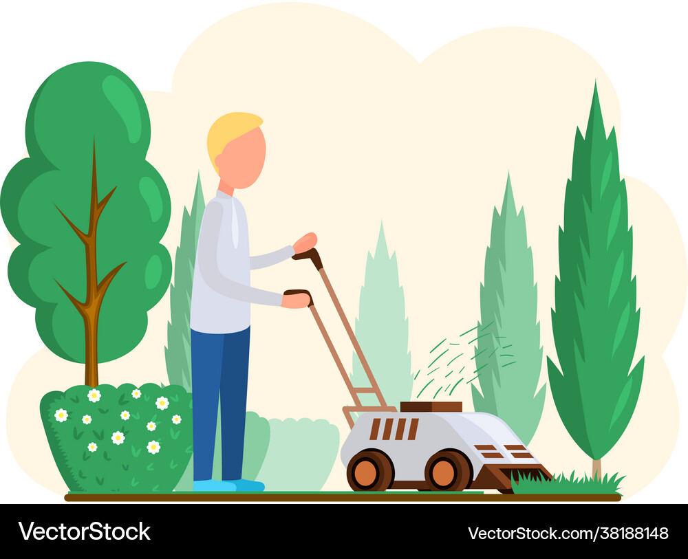 Gardener working on backyard and mowing lawn Vector Image
