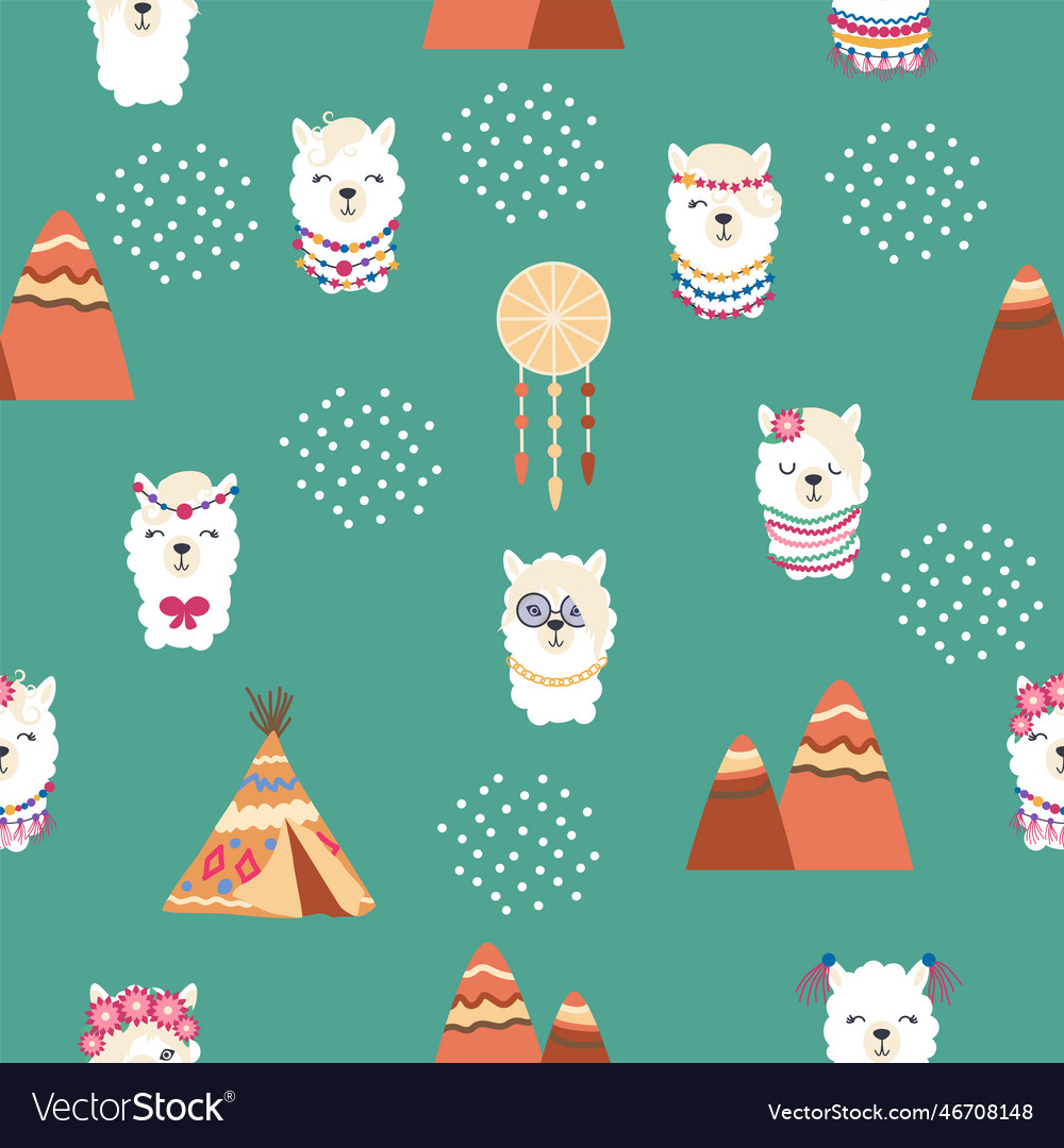 Seamless pattern with llama alpaca faces cute Vector Image