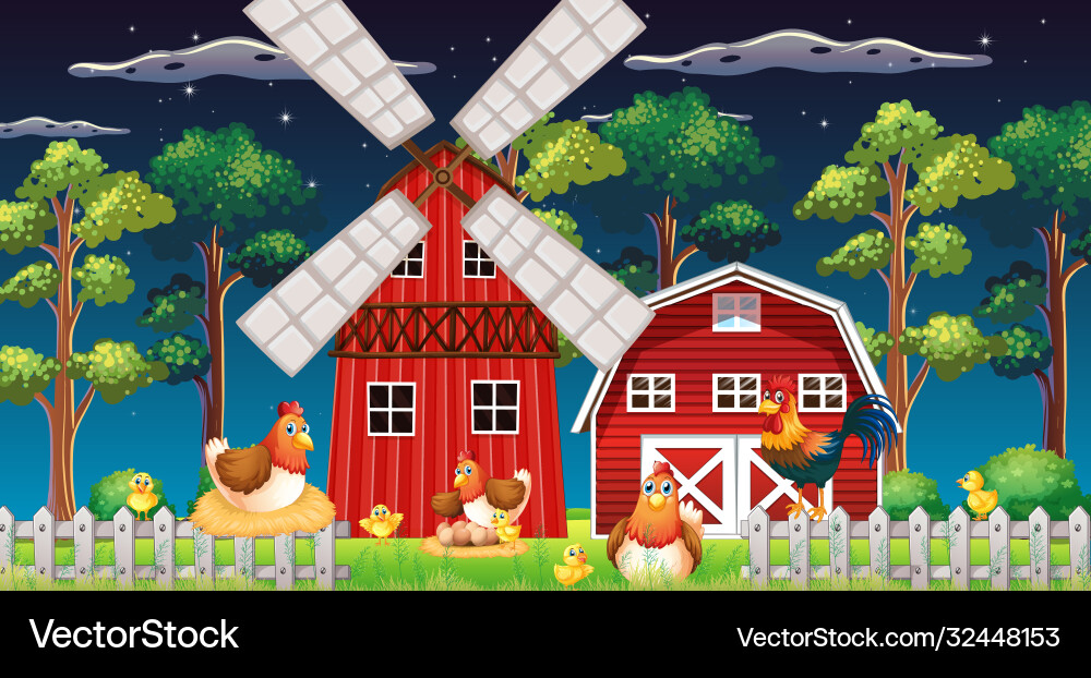 Farm scene with barn and windmill chicken Vector Image