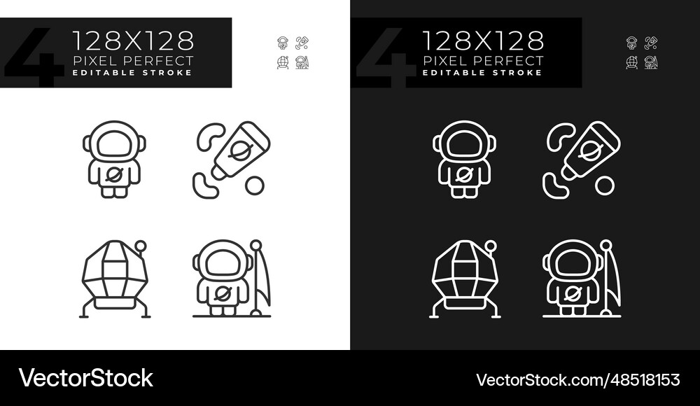 Moon mission pixel perfect linear icons set for Vector Image