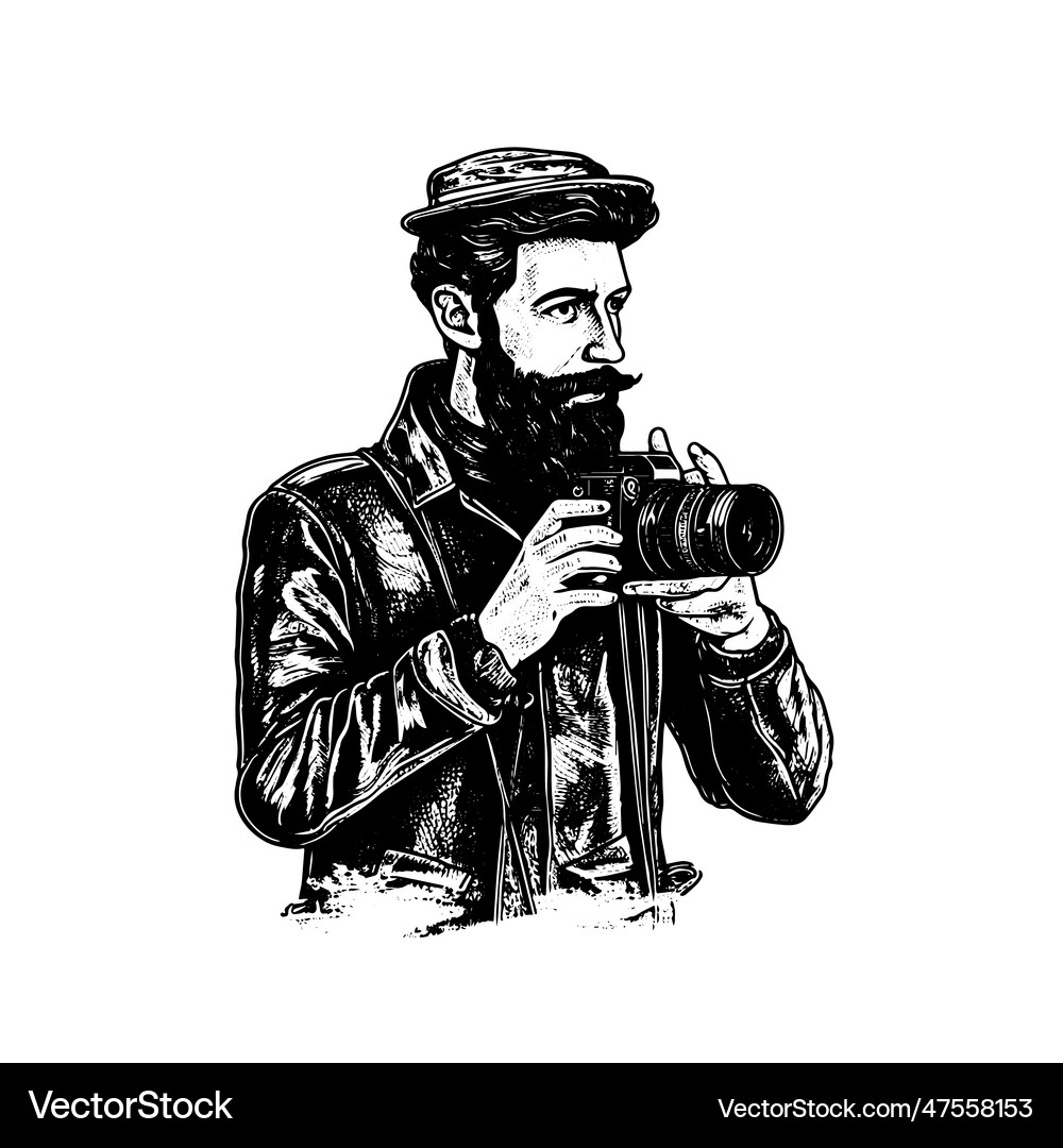Photographer drawing isolated hand drawn engraved Vector Image