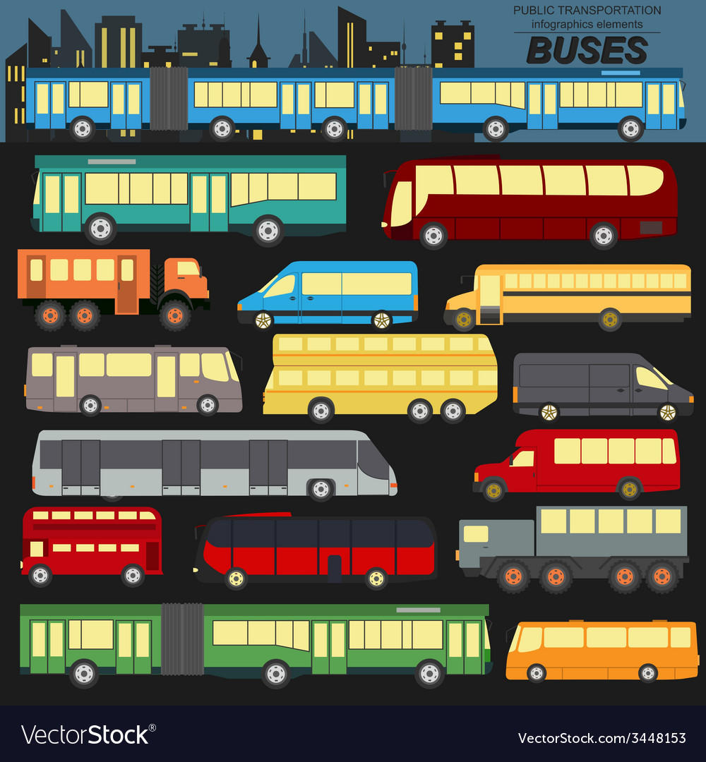 Public transportation buses set elements Vector Image