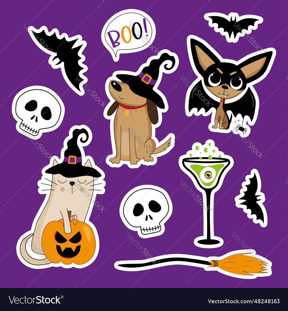 Cute halloween sticker set dog cat bat skull Vector Image