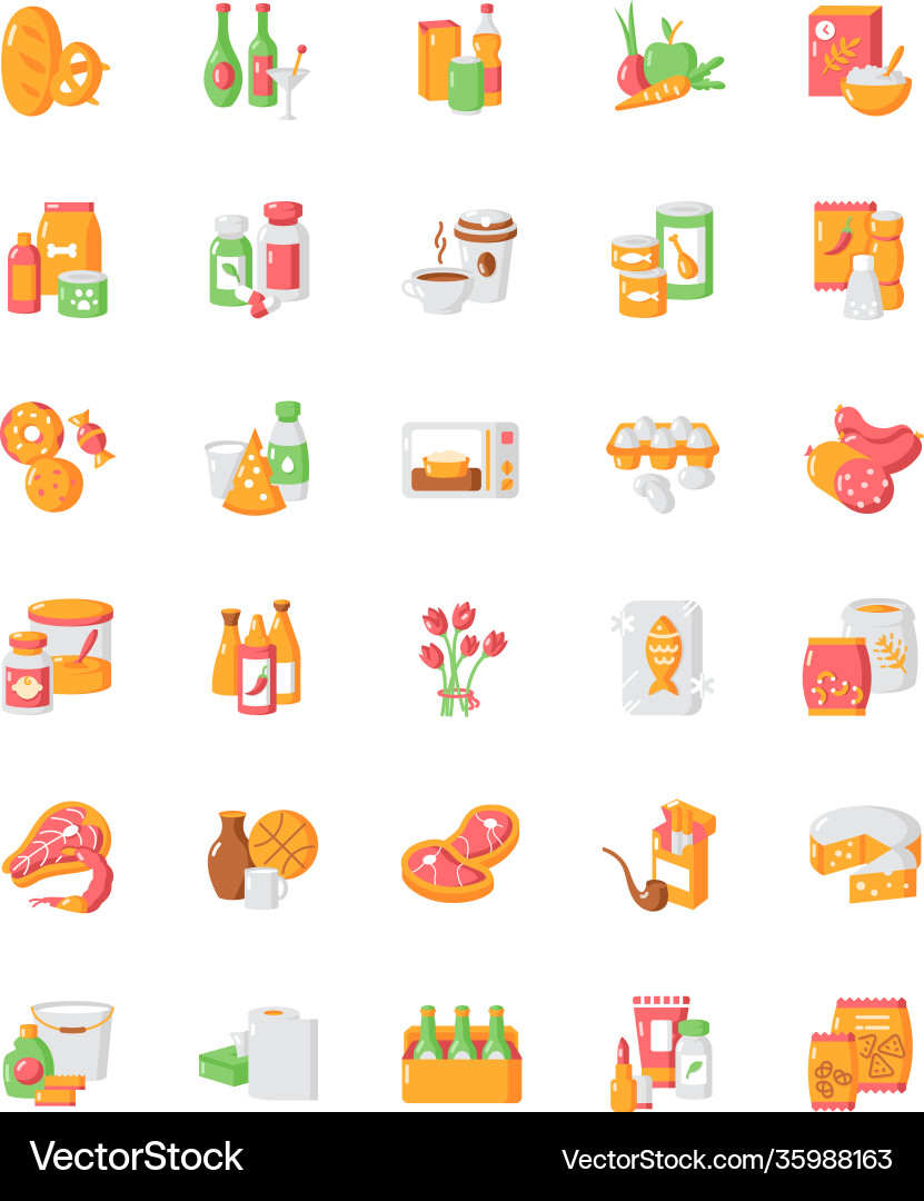 Groceries category flat color icon set Royalty Free Vector