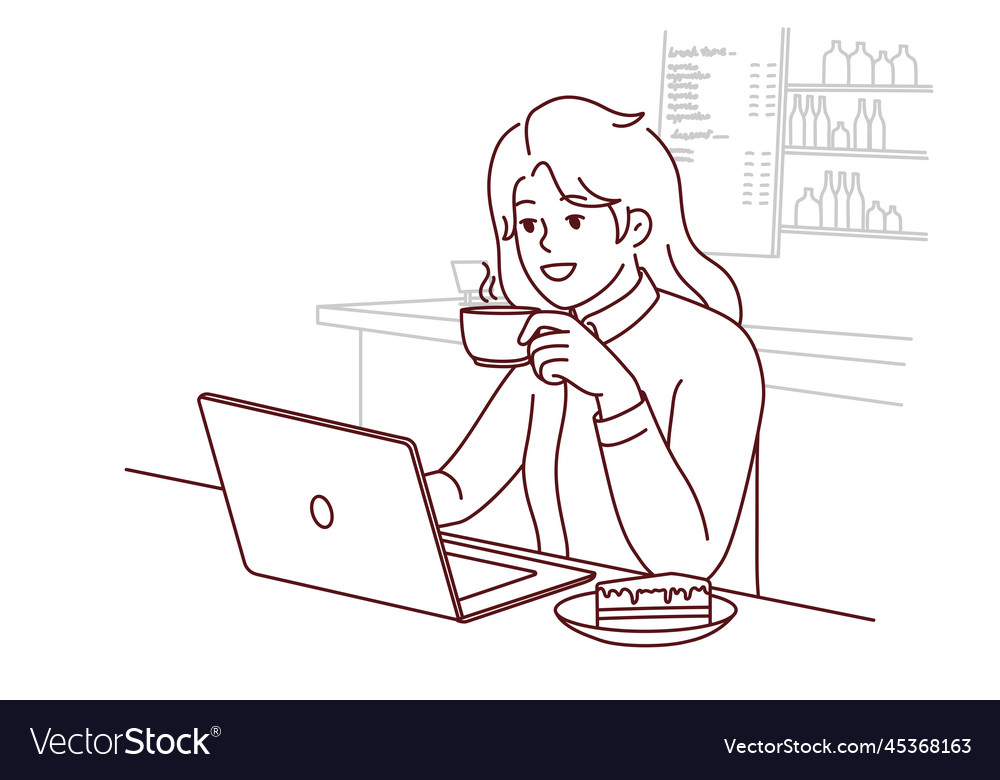 Smiling woman drink coffee work on laptop in cafe Vector Image