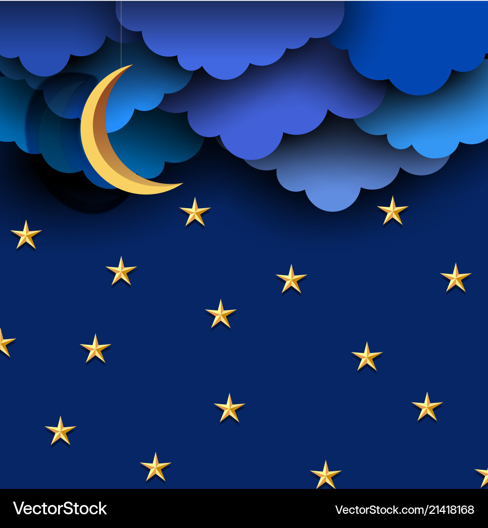Blue paper clouds on night sky with moon Vector Image