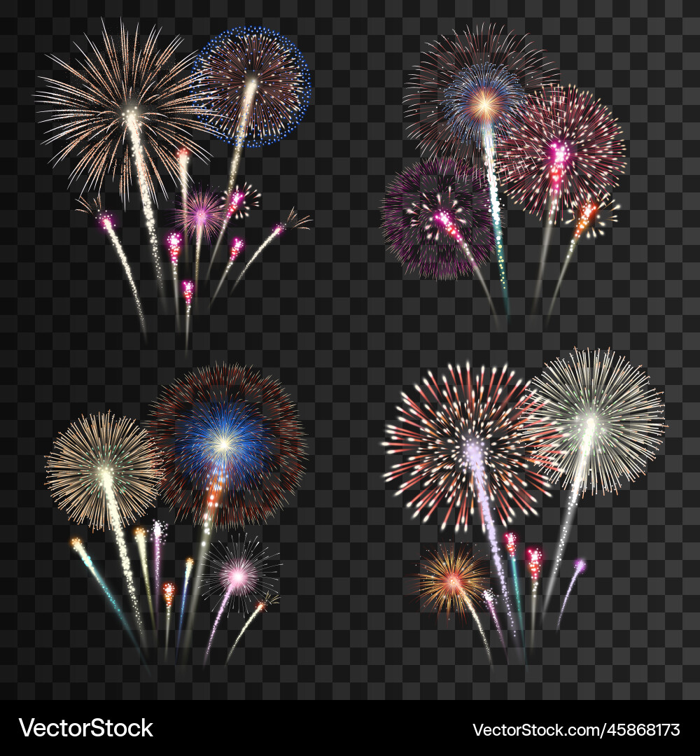 Groups of realistic fireworks isolated Royalty Free Vector