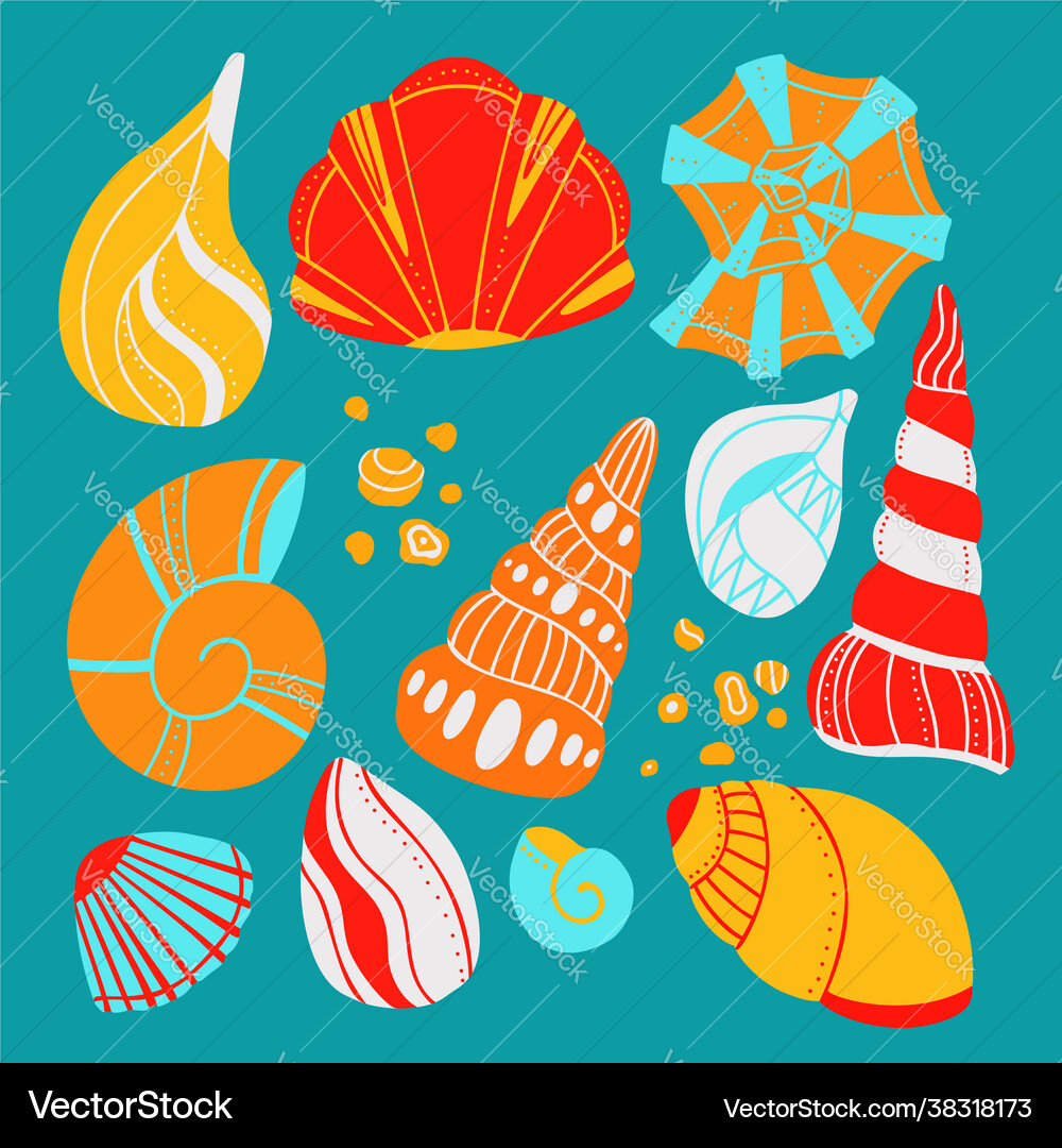 Set cartoon seashells with sand and doodle Vector Image