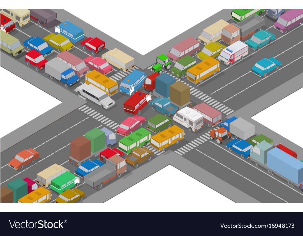 Traffic jam isometric cars and houses Royalty Free Vector