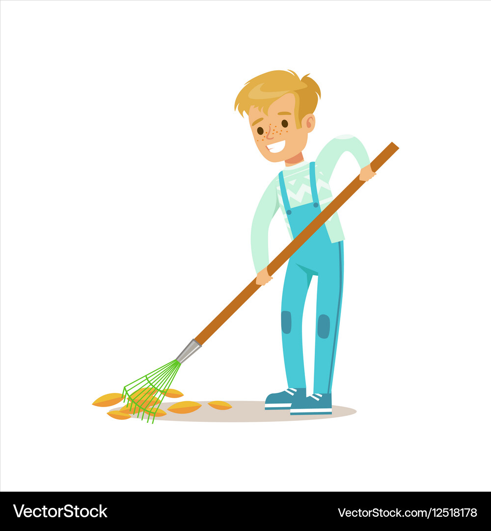 Boy collecting fallen leaves with rake helping Vector Image