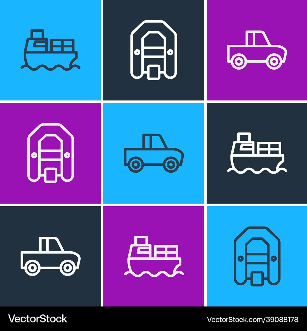 Set line cargo ship with boxes delivery pickup Vector Image