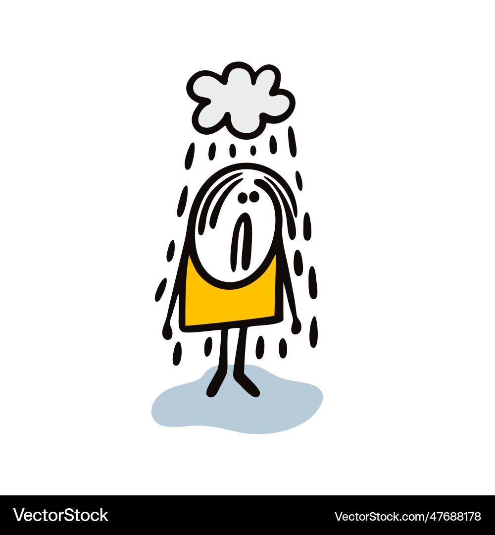 Unfortunate stickman stands wet under Royalty Free Vector