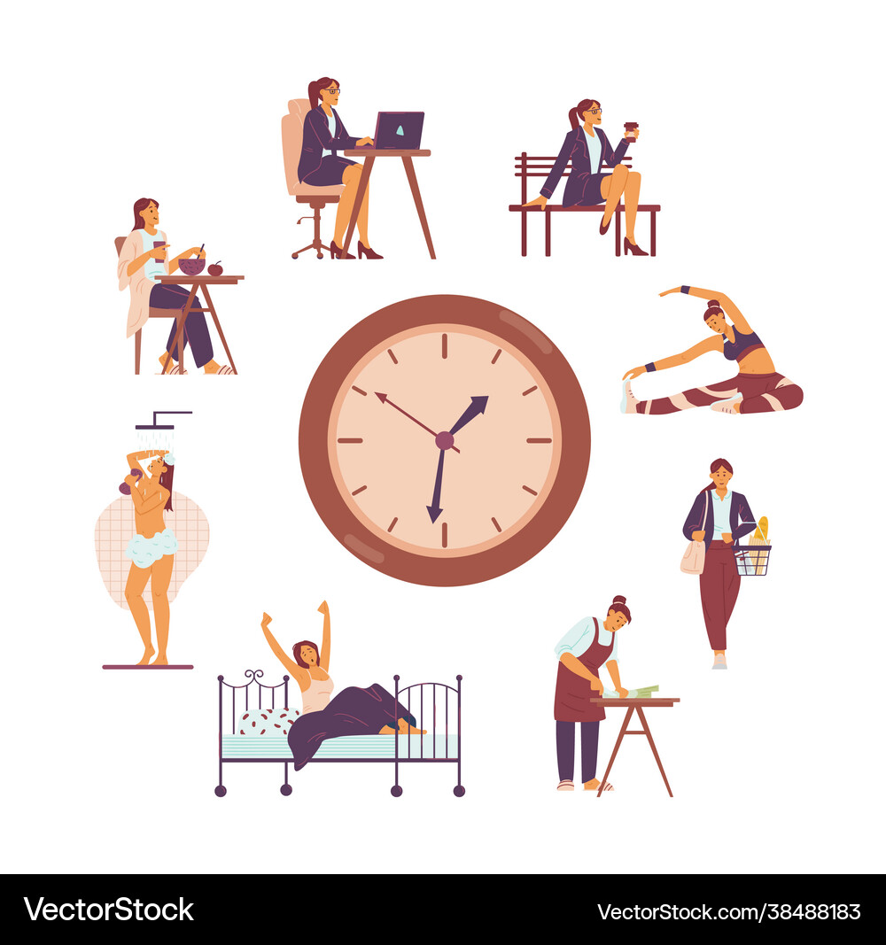Clock with set daily woman routine from morning Vector Image