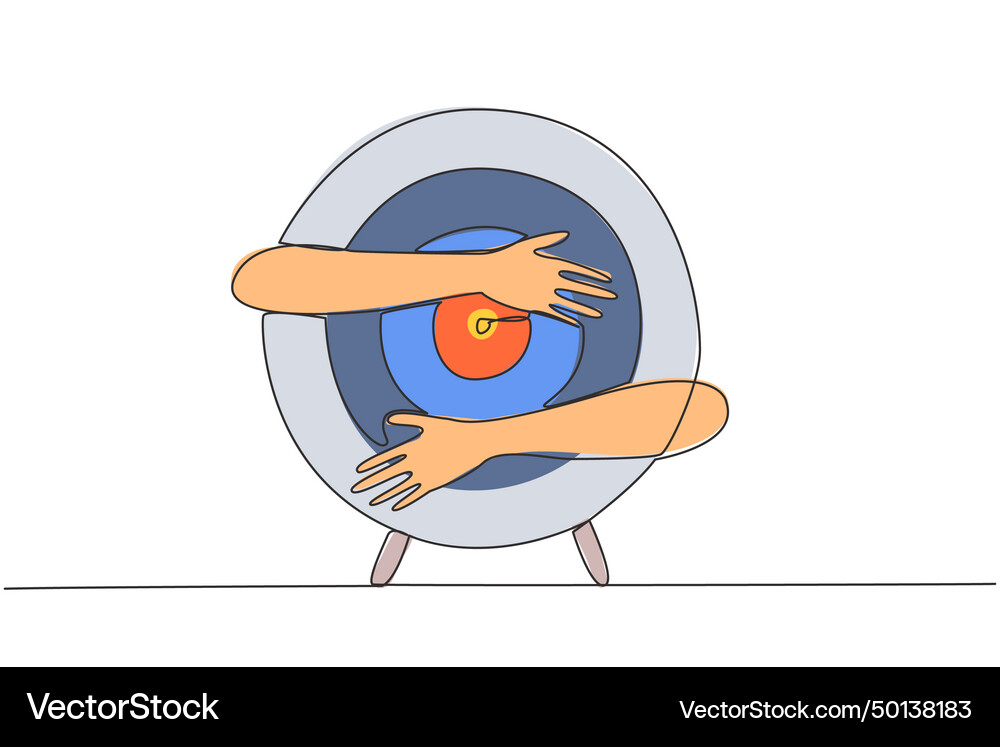 Single one line drawing of hands hugging arrow Vector Image