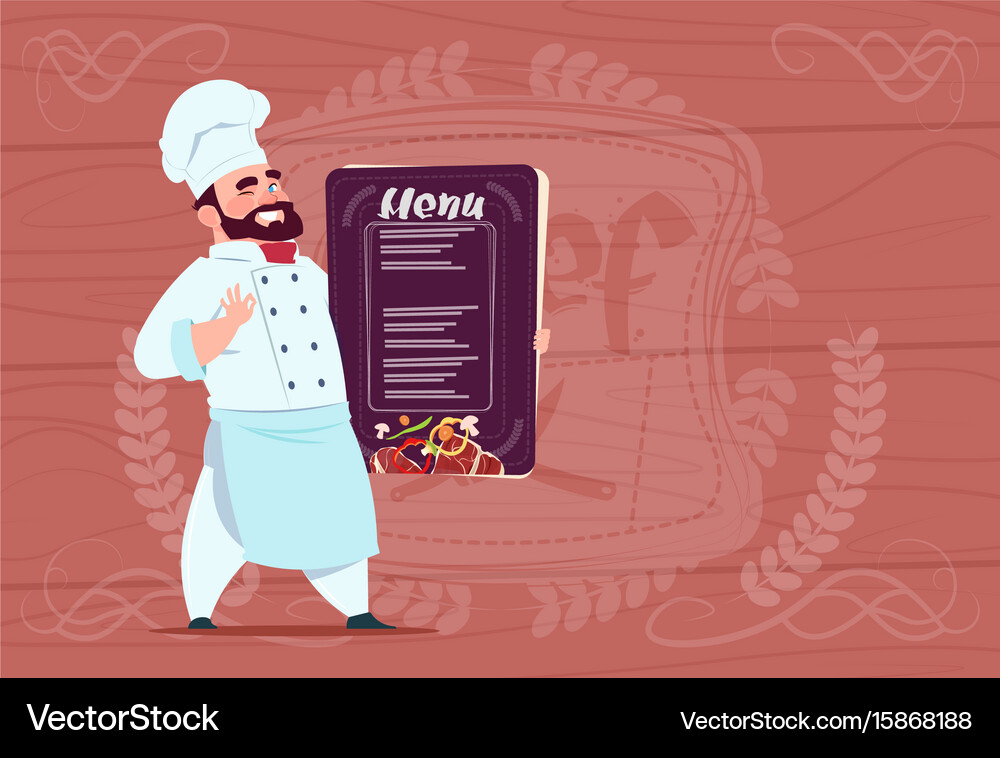 Chef cook holding restaurant menu smiling cartoon Vector Image