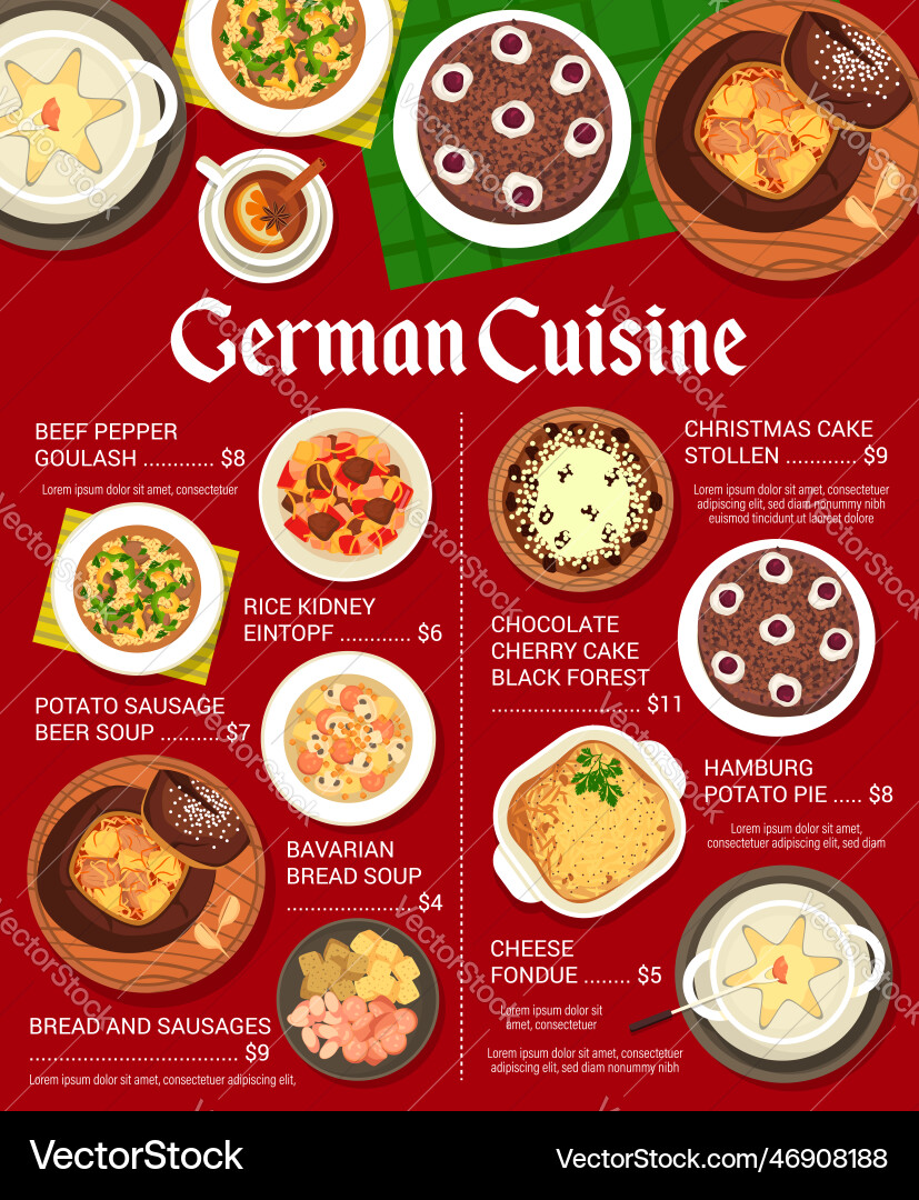 German cuisine restaurant meals menu page Vector Image
