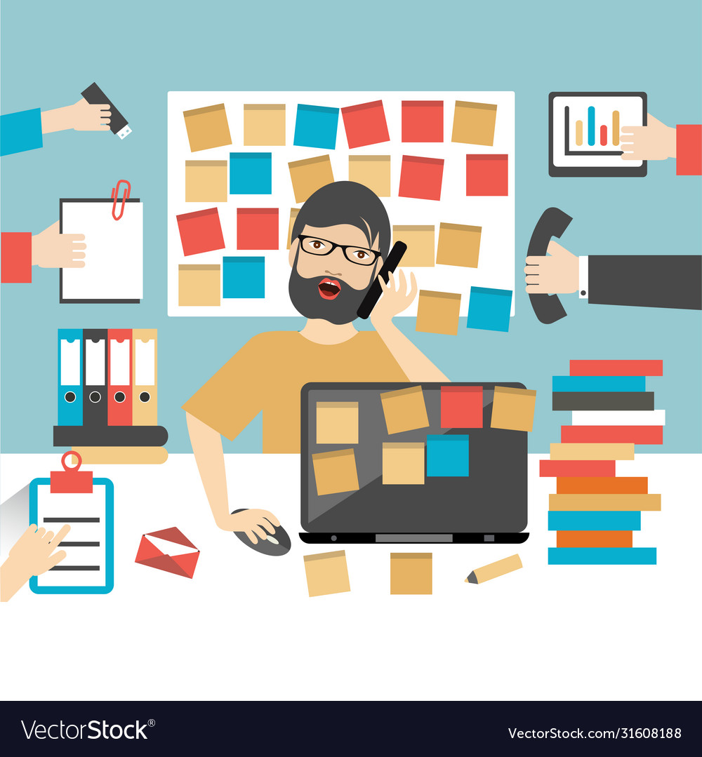 Hard working business man worksplace flat Vector Image Hard working business man worksplace flat Vector Image