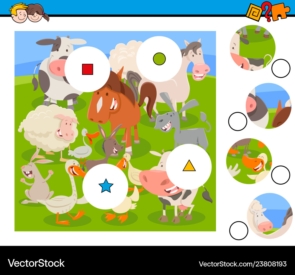 Match pieces puzzle with farm animals Royalty Free Vector
