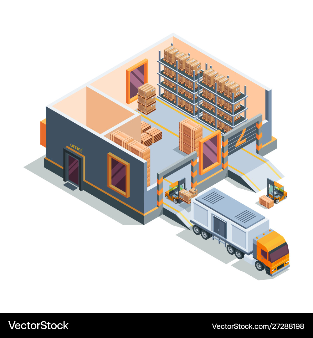 Warehouse isometric big storage house machines Vector Image