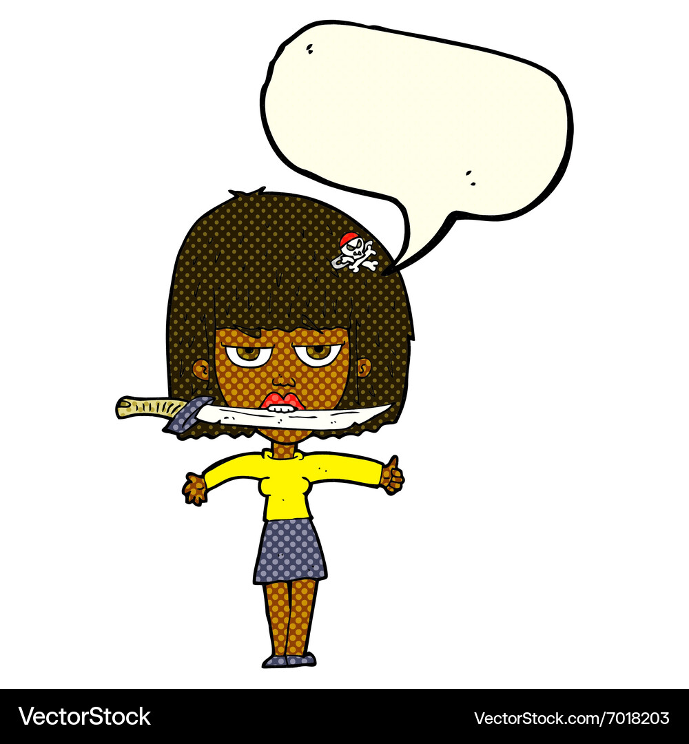 Cartoon woman with knife between teeth with speech