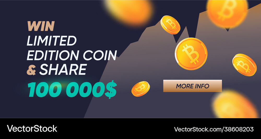 Golden bitcoin on promotion banner crypto mining Vector Image