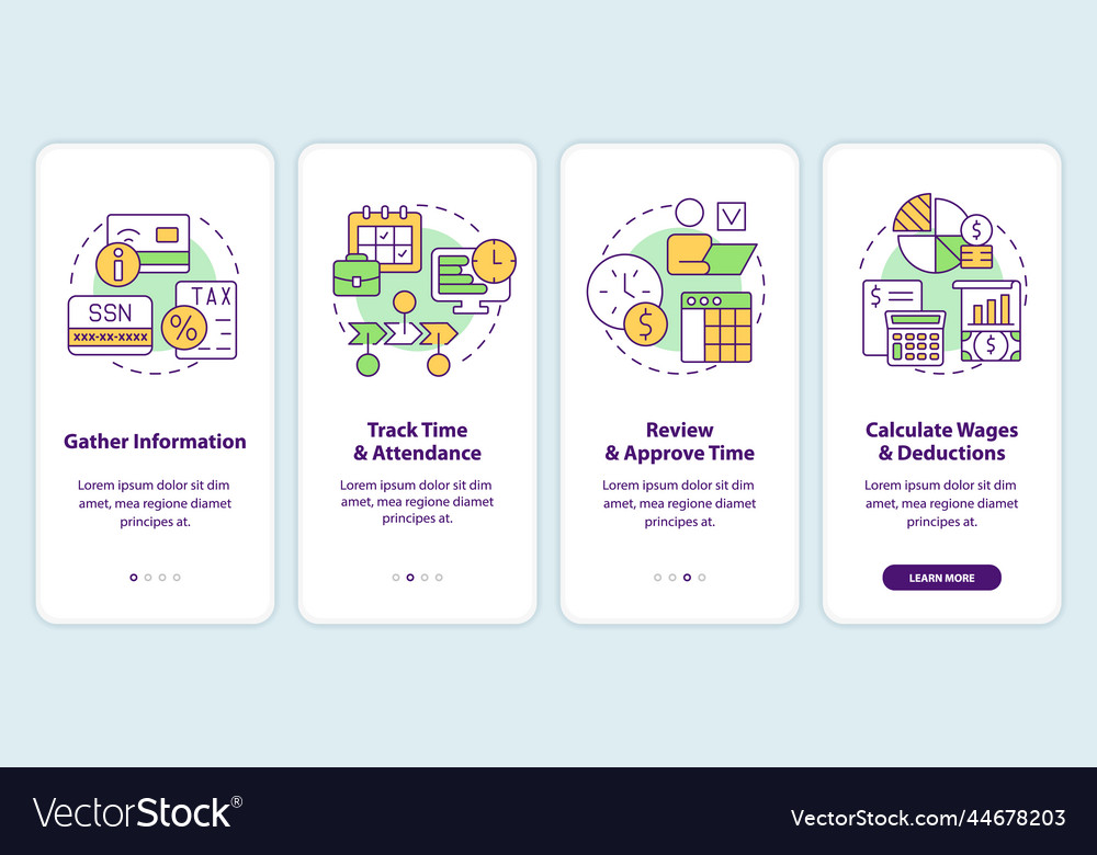 Payroll processing stages onboarding mobile app Vector Image
