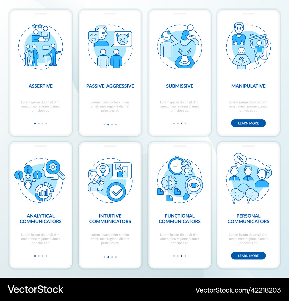 Types of communication styles blue onboarding Vector Image