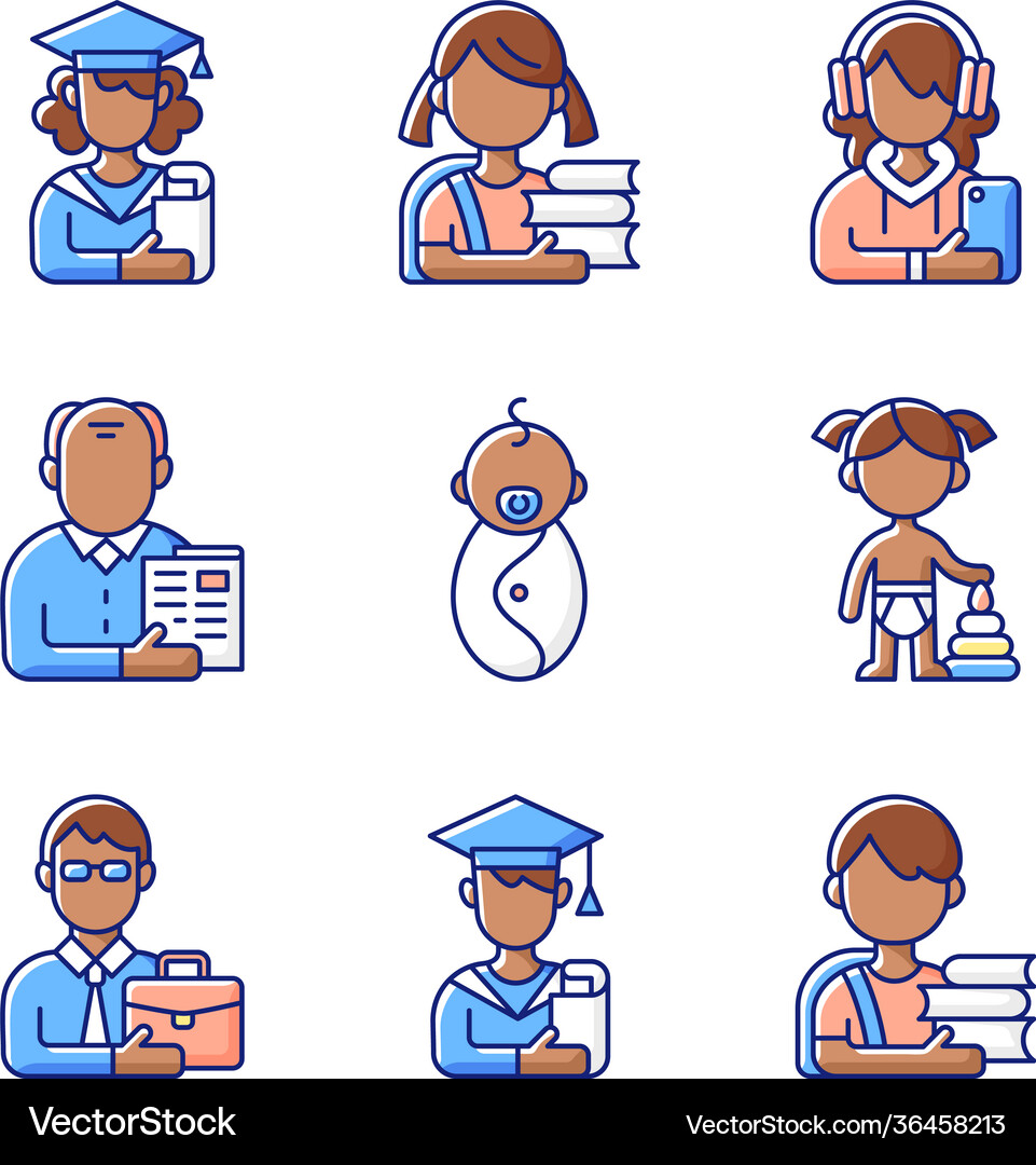 Age and gender differences rgb color icons set Vector Image