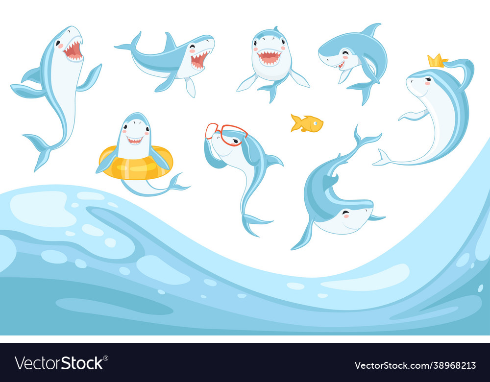 Cartoon shark cute fun sharks ocean sea wave Vector Image