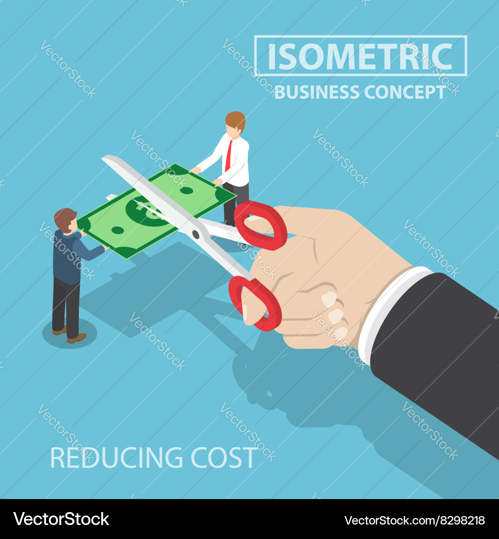 Isometric businessman hand with scissors cutting m