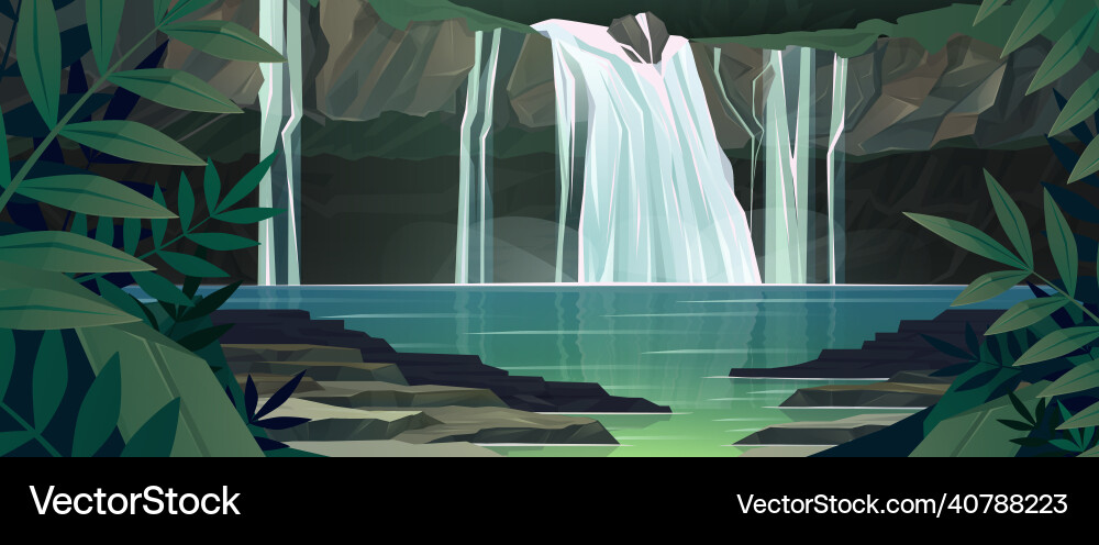 Waterfall in jungle with trees and mountains Vector Image