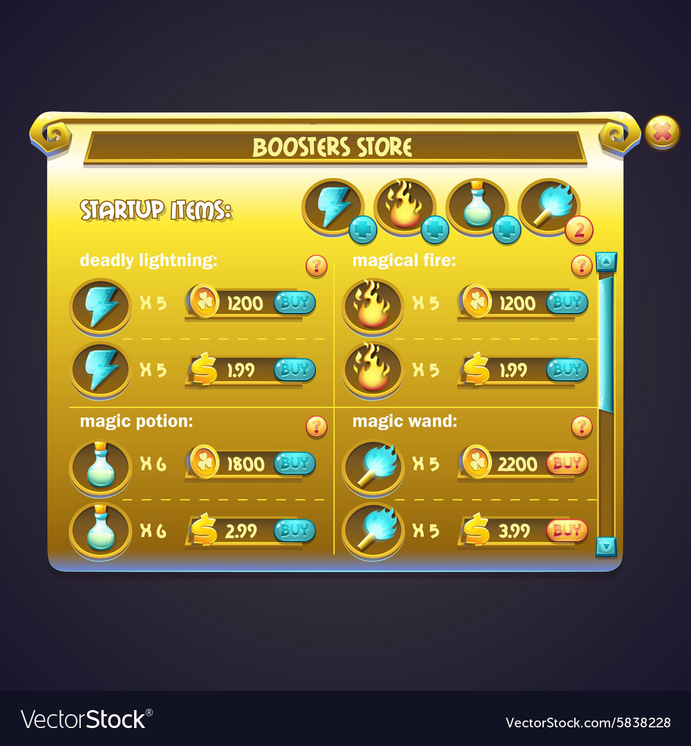 Example window purchasing boosters in a Royalty Free Vector